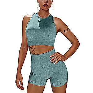OYS Workout Sets for Women 2 Piece Outfits Seamless High Waisted Yoga Shorts Running Sports Bra Clothes Green
