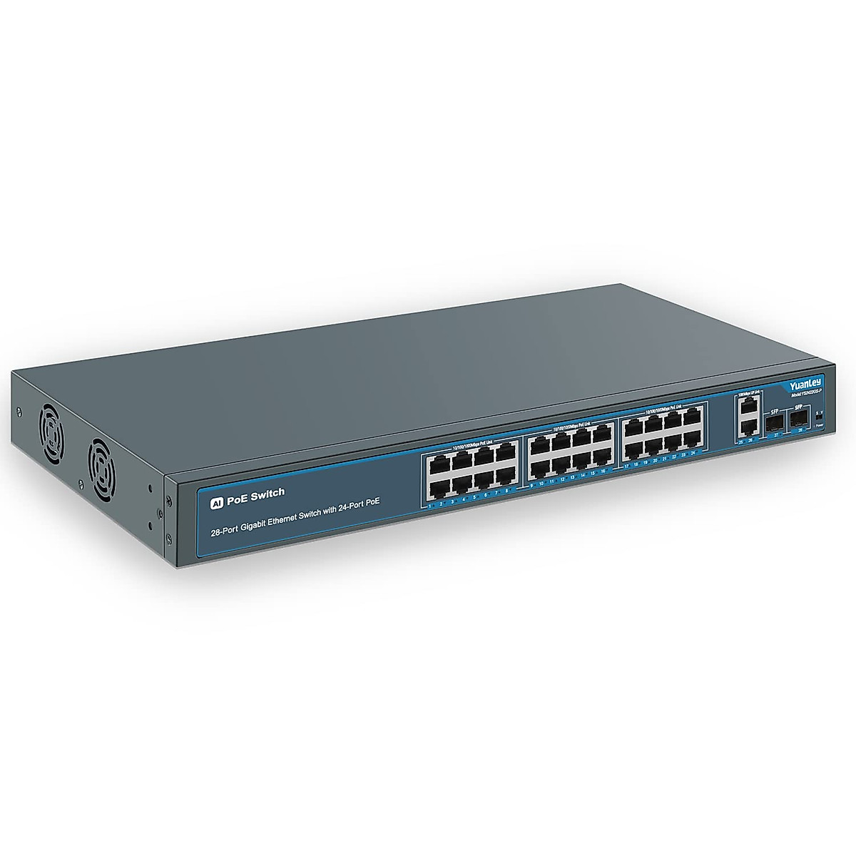 24 Port Gigabit Ethernet PoE Switch with 2 Uplink Gigabit Port & 2 SFP Port, YuanLey Unmanaged 24 Port PoE+ Network Switch, Rackmout, Build in 400W Power, Support 802.3af/at, Plug and Play