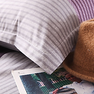 Tenghe Stripe Colorblock Print 3 Pcs Duvet Cover Sets Soft Reversible Bedding Cover Brushed Microfiber Full Queen Size(King,Purple Stripe)