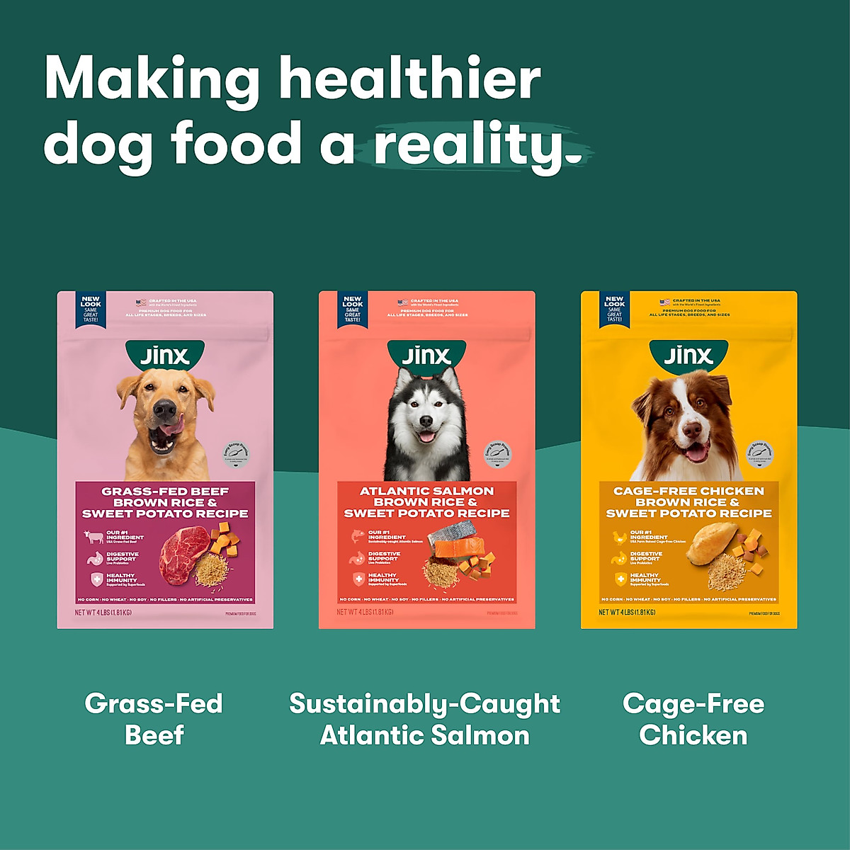 Jinx Premium Dry Dog Food Sampler, Atlantic Salmon Kibble, Cage Free Chicken Kibble, Grass-Fed Beef Kibble, No Fillers, for All Lifestages, 4lbs Each