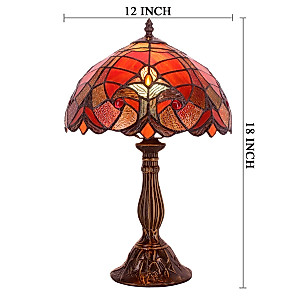 WERFACTORY Tiffany Lamp Red Liaison Stained Glass Table Lamp Desk Bedside Reading Light 12X12X18 Inches Decor Bedroom Living Room Home Office S160R Series