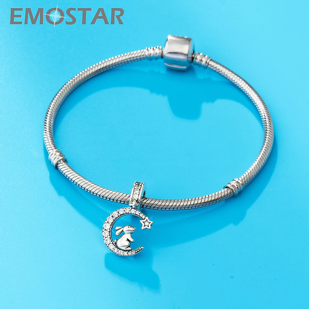 Rabbit on Crescent Moon Pendant Charms, fits Pandora Easter Bracelet, 925 Sterling Silver Bunny Animal Dangle Beads with CZ Moon Star, Gift for Christmas/Birthday/Pet Lover