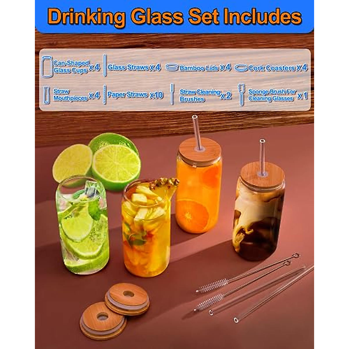 Yooler Glass Cups with Lids and Straws - 16oz Can Shaped Drinking Beer Glasses, Iced Coffee Cups, Cute Glass Tumbler with Straw and Bamboo Lid, Ideal for Cocktail, Whiskey, Gift (Set of 4)