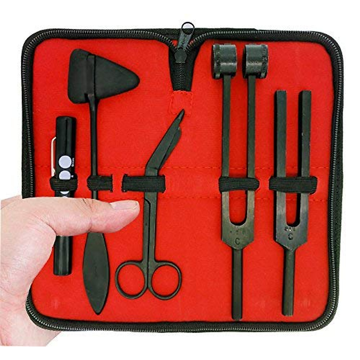 SURGICAL ONLINE Limited Edition - Full Tactical Black - Grudge Style Set of 5 pcs Reflex Percussion Taylor Hammer + Penlight + Tuning Fork C 128 C 512 + Bandage Scissors 5.5"