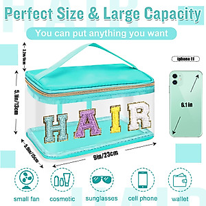 Chenille Letter Clear Makeup Bags Hair Pouch, Preppy Patch Makeup Bag Zipper with Handle, Transparent PVC & Nylon Waterproof Glitter Cosmetic Handbag Travel Toiletry Storage for Women Girl(HAIR-Green)