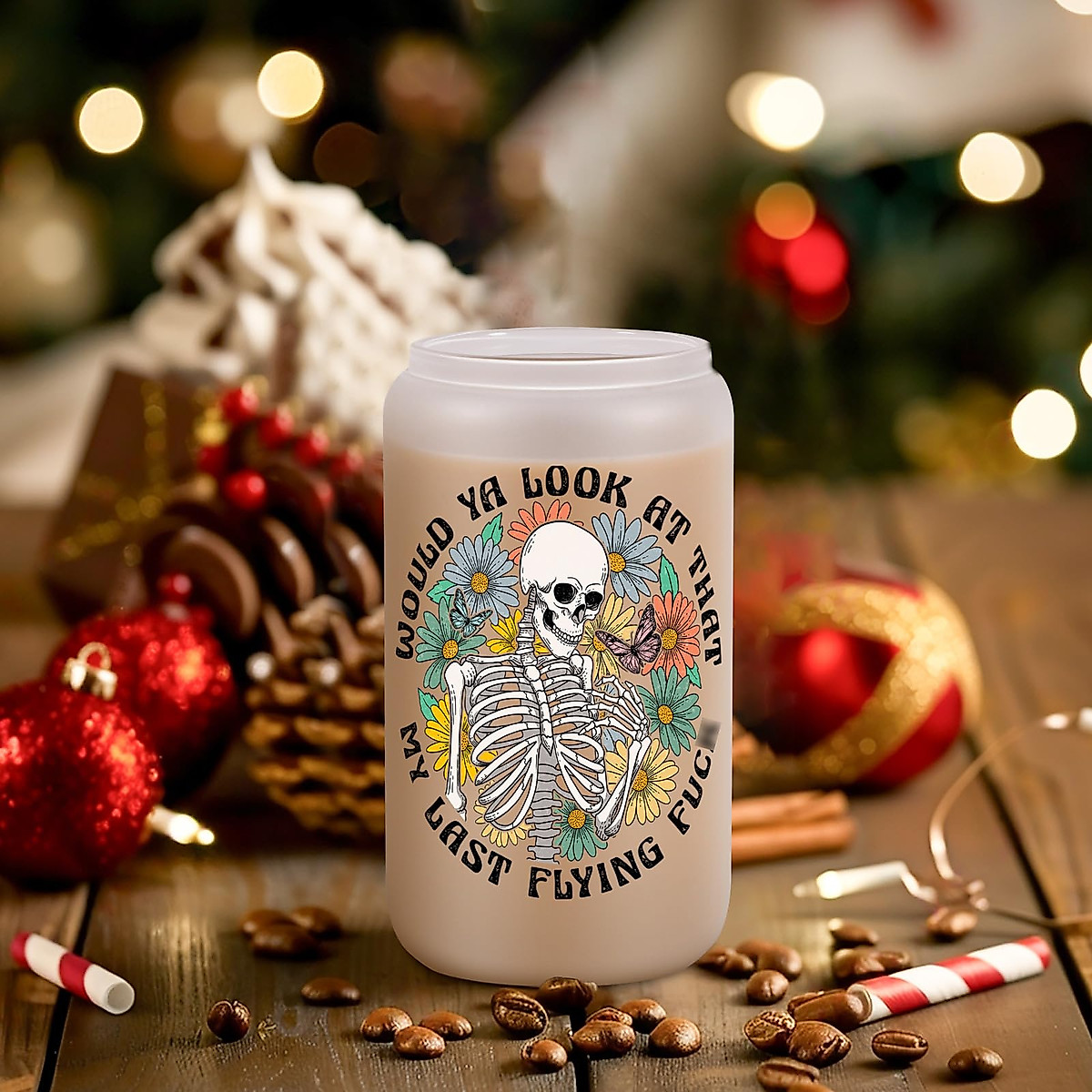 GSPY Skeleton Cup, Halloween Glass Cups with Lids and Straws - 16 oz Iced Coffee Cups, Funny Spooky Skull Tumbler - Witchy Gifts for Women - Christmas, Halloween Gifts for Friend, Sister, Mom