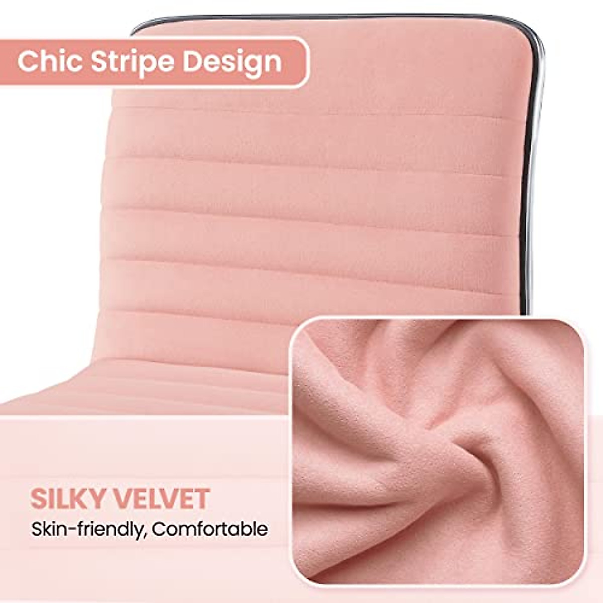 Topeakmart Armless Office Desk Chair Velvet Swivel Computer Chair Ribbed Task Chair Modern Makeup Chair Apricot Pink