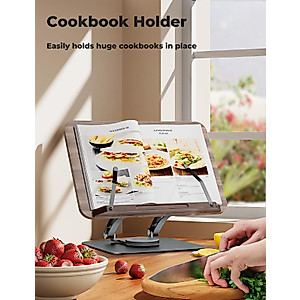 Tounee Book Stand for Reading, Adjustable Book Holder with 360° Swivel Base, Foldable Cookbook Stand Recipe Book Holder with Elastic Page Clips for Music Scores, Recipe, Tablet, Laptop-Gray
