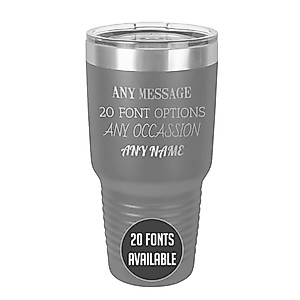 Personalized 30oz (17 Colors) Powder Coated Insulated Stainless Steel Tumbler with Lid, Custom Etched, Customized Text Message Name, Engraved Gift Idea Women Men Him Her, Your Text Here (Gray)