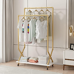 ORSENIGO Industrial Pipe Clothing Rack with Double Rods for Hanging Clothes, Heavy Duty Rolling Clothes Rack with Shelf for Home Boutique Retail Use (Gold)