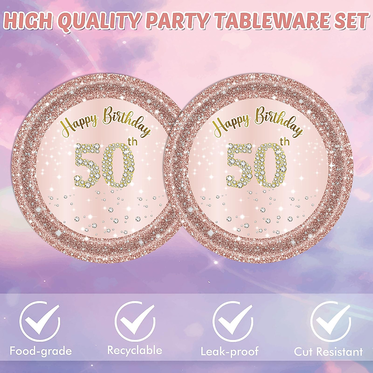 50th Birthday Decorations for Women Rose Gold 1975 Birthday Decorations Rose Gold Party plates and napkins Happy 50 Birthday Disposable Tableware Party Supplies For Girl Women