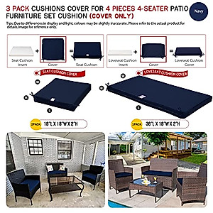 3Pack Outdoor Patio Seat Cushion Replacement Covers Fit for 4Pieces Wicker Rattan Furniture Conversation Set Loveseat Chairs Sofa,Splashproof Fadeless,36x18x2,18x18x2,Navy-Not Filler