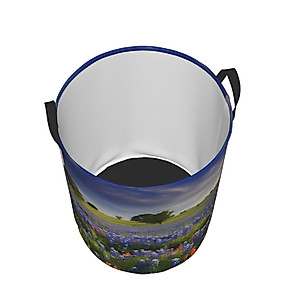 Round Laundry Basket with Handles Waterproof Laundry Hamper for Bathroom Texas Bluebonnets Scenery Circular Storage Basket Lightweight Organizer Basket for Dirty Clothes Dirty Clothes Hamper