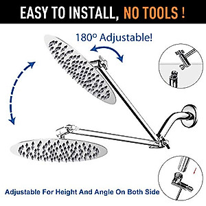 Rain Shower Head with 11'' Adjustable Arm, NearMoon High Pressure Stainless Steel Rainfall Showerhead, Ultra-Thin Design - Pressure Boosting (10-Inch Shower Head with Arm, Chrome)