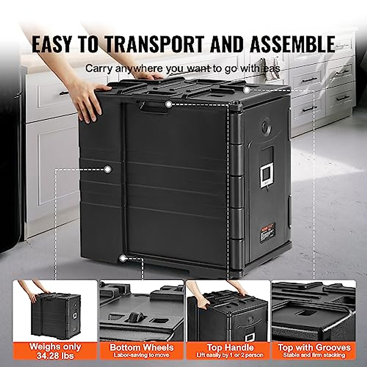 VEVOR Insulated Food Pan Carrier, 82 Qt Hot Box for Catering, LLDPE Food Box Carrier w/Double Buckles, Front Loading Food Warmer w/Handles, Stackable End Loader for Restaurant, Canteen, etc. Black