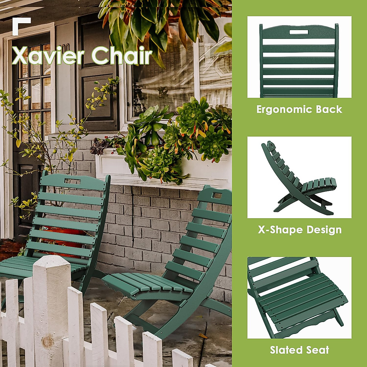 GREENVINES Folding-Xavier-Chairs Set of 2 | Wave | Portable Adirondack-Chair | HDPE Plastic | All Weather Fire-Pit Chair | Forest | for Beach Outdoor Deck Poolside Garden Patio Porch Fishing