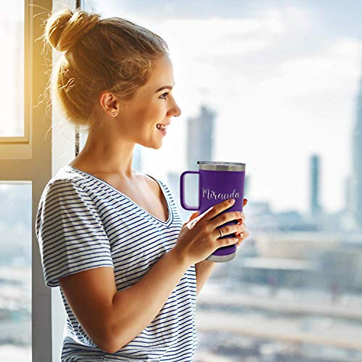 Personalized Travel Mug with Handle and Name Purple Matte Finish Custom Laser Engraved 20 oz Stainless Steel Vacuum Insulated Coffee Cup with Lid