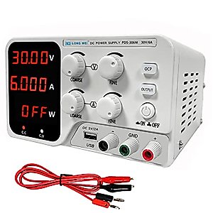 DC Power Supply Variable,30V 6A 180W Adjustable Switching Regulated DC Bench Power Supply with 4-Digits LED Power Display 5V/2A USB Output, Coarse and Fine Adjustments White