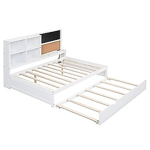 Harper & Bright Designs Full Size Daybed Twin Size Trundle,USB Ports and Storage Shelves,Wood Full Size Bed Frame Blackboard,Cork board and Bookshelf,Full Sofa Bed Living Room Bedrooms,White