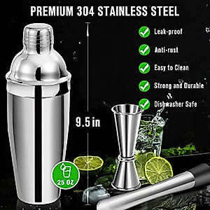 FREOIHETI 30 Piece Cocktail Shaker Set, Cocktail Bartender Kit Bar Drink Tool Set with Stylish Bamboo Stand Cocktail Recipes Booklet - Silver