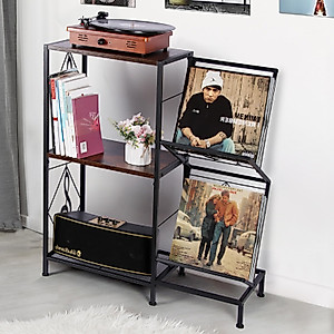 Record Player Stand, Record Player Table with Vinyl Record Storage, Turntable Stand with 2-Tier Vinyl Display Shelf & Metal Frame, Vinyl Record Holder for Living Room, Rustic Brown