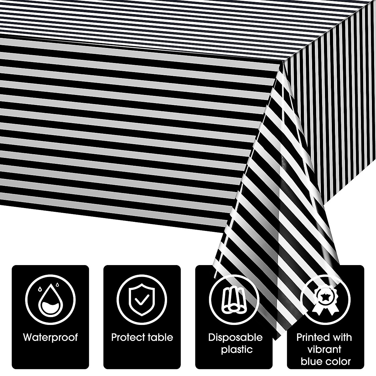 6 Pieces Plastic Black and White Stripe Tablecloth, 54 x 108 Inch Geometric Stripe Waterproof Table Cover, Disposable Rectangle Table Cloth for Kitchen Dining Room Holiday Party Picnic Decoration