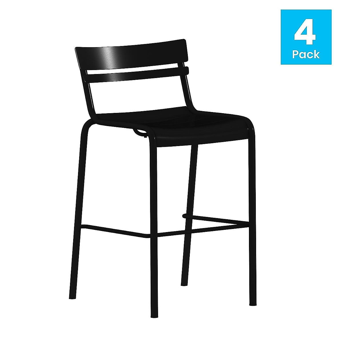 Flash Furniture Nash Commercial Grade Steel Stack Stool, Indoor-Outdoor Bar Stool with 2 Slat Back, Set of 4, Black