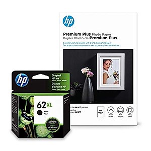 HP 62XL Black Ink Premium Plus Photo Paper, Glossy, 25 Sheets, 4x6