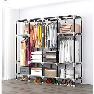KEKIWE Portable Closet, 69 Inch Wardrobe Closet for Hanging Clothes with 4 Hanging Rods, 8 Storage Shelves, Side Pockets, Strong and Durable 25mm Metal Tube, Quick and Easy to Assembly, Grey