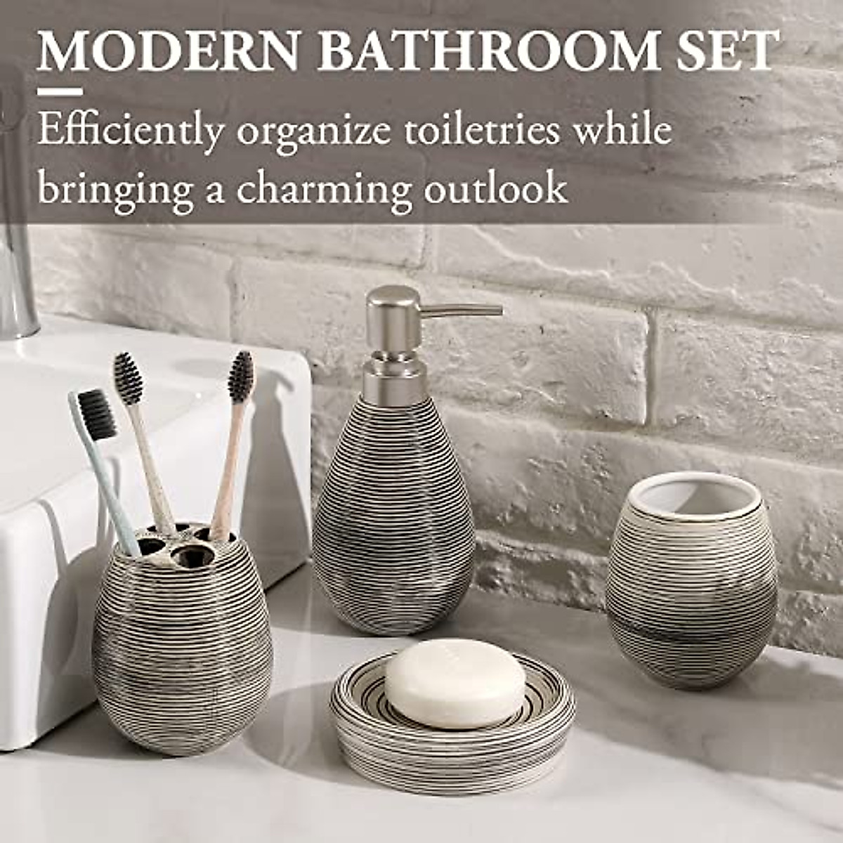 MyGift 4 Piece Textured Ceramic Brown Bathroom Accessory Set Includes Soap Dish, Dispenser, Toothbrush Holder and Tumbler