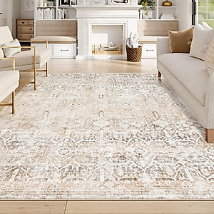Washable Area Rug 8x10, Neutral Boho Rugs for Living Room Rugs 8x10 Non Slip Farmhouse Modern Bedroom Carpet Stain Resistant Aesthetic Print Accent Floor Rug for Dining Guest Office - Beige