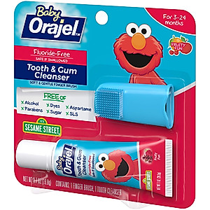 Orajel Elmo Fluoride-Free Tooth & Gum Cleanser with Finger Brush, Combo Pack, Fruity Fun Flavored Non-Fluoride, 0.7 oz.