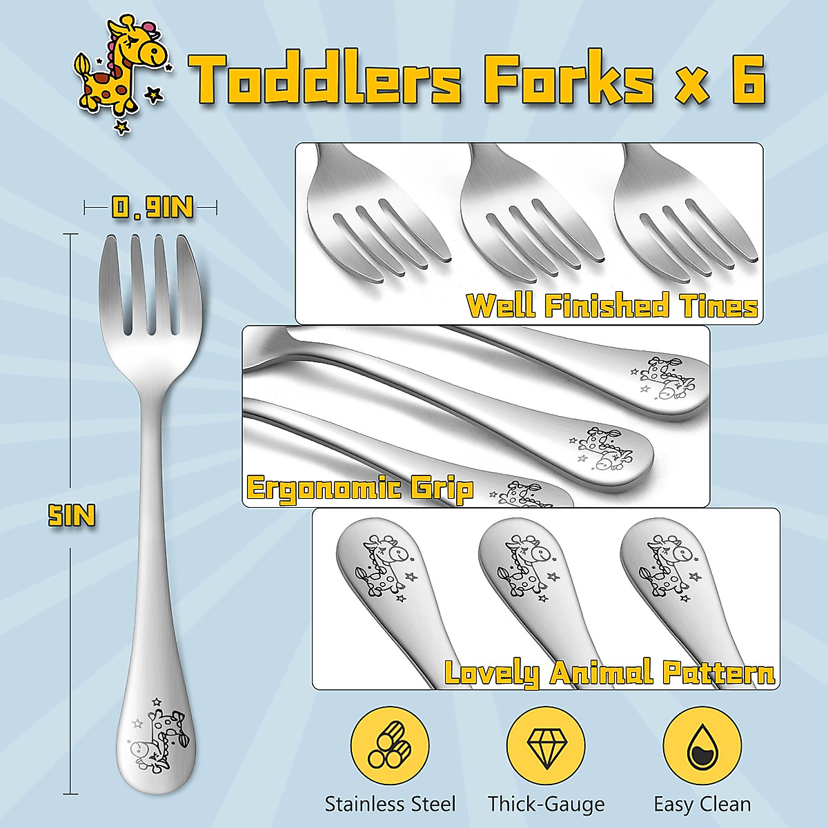 E-far Toddler Forks, 6-Piece Stainless Steel Kids Utensils Fork for Baby Self Feeding, Attached Portable Case & Cute Animal Pattern, Solid Metal & Small Size, Rust Free & Dishwasher Safe