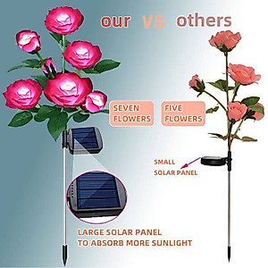 Calyla Solar Lights Outdoor 7 Rose Flowers Solar Garden Lights Garden Stake Lights Path Decorative Rose Lights for Patio Yard Pathway Landscape Enlarged Solar Panel (Pink)