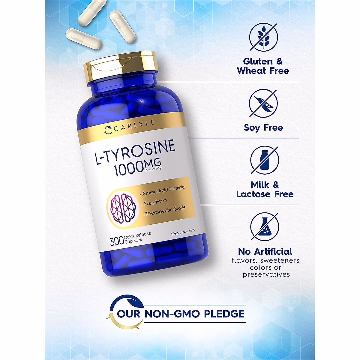 Carlyle L Tyrosine Capsules 1000mg | 300 Count | Therapeutic Grade | for Men and Women | Non-GMO & Gluten Free Supplement