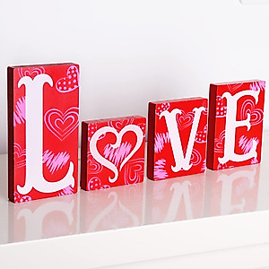 Treory Valentines Day Decor Love Blocks Wooden Table Sign, Red Valentines Day Decorations For The Home Table Decor Valentine Gifts, For Wedding Anniversary Party Supplies Tiered Tray Decor