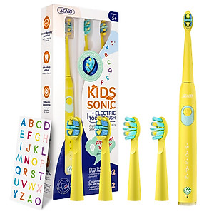 SEAGO Kids Electric Toothbrush, Sonic Soft Bristle Rechargeable Toothbrushes with DIY Stickers, 5 Modes, Includes 4 Replacement Brush Heads, Ages 3 to 12 Years Old (Yellow)