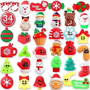 VNAMO Christmas Squishy Toys, 34 PCS Squishies Christmas Party Favors for Kids Boys Girls, Mochi Kawaii Squishy Stress Reliever Anxiety Toys, Classroom Prize Bulk Gifts for Christmas Treat Goody Bags