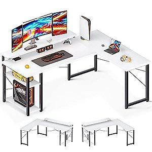 ODK L Shaped Gaming Desk, 61'' Corner Computer Desk with Monitor Stand & Storage Shelf, Sturdy Home Office Desk, Writing Desk Table, Work Desk, White