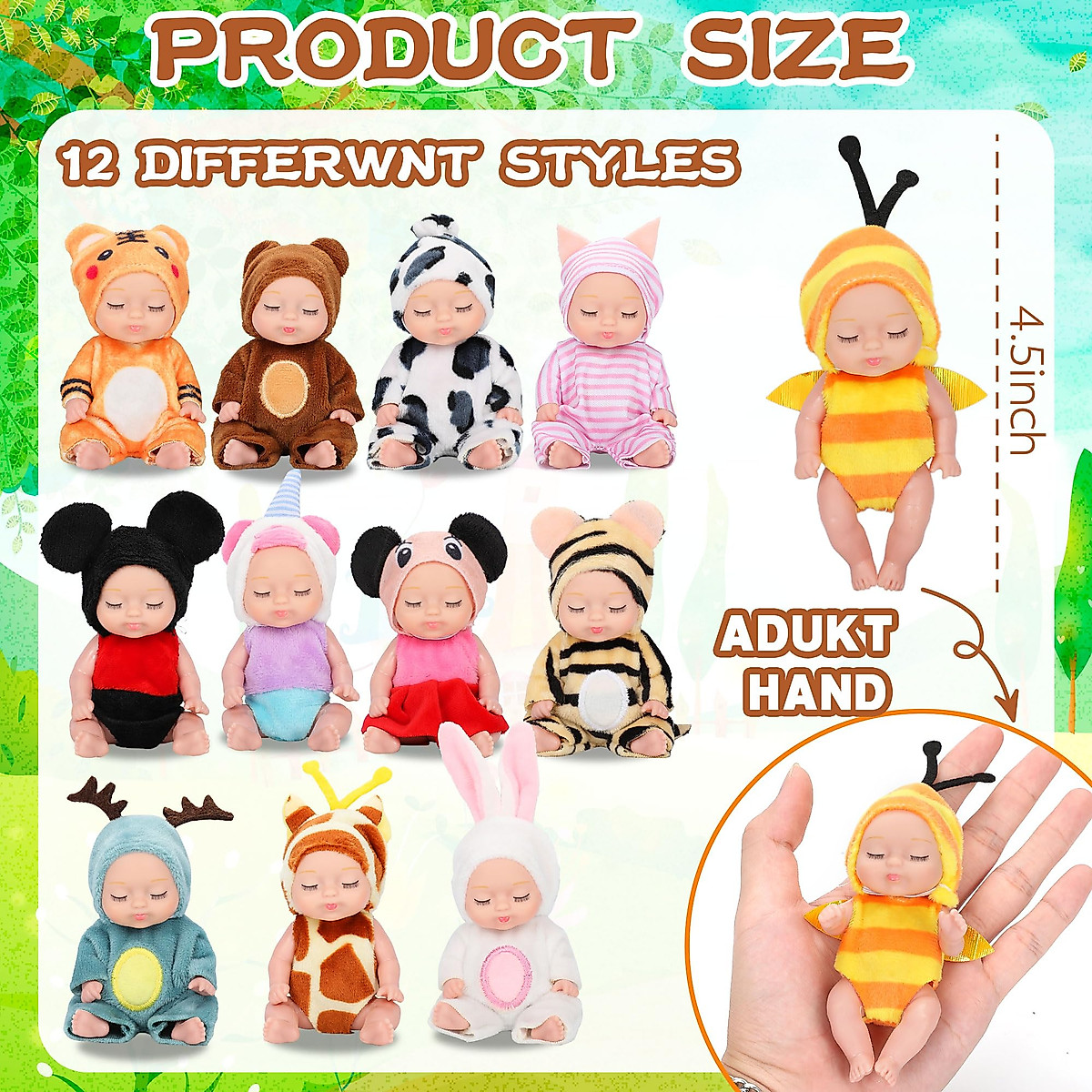 Xefuu 12 Pcs Mini Baby Dolls 4.5 Inch Lifelike Realistic Baby Toy Dolls Tiny Reborn Babies with Animal Clothes Cute Small Baby Doll for Kids Girls Boys Toddlers Easter Gifts