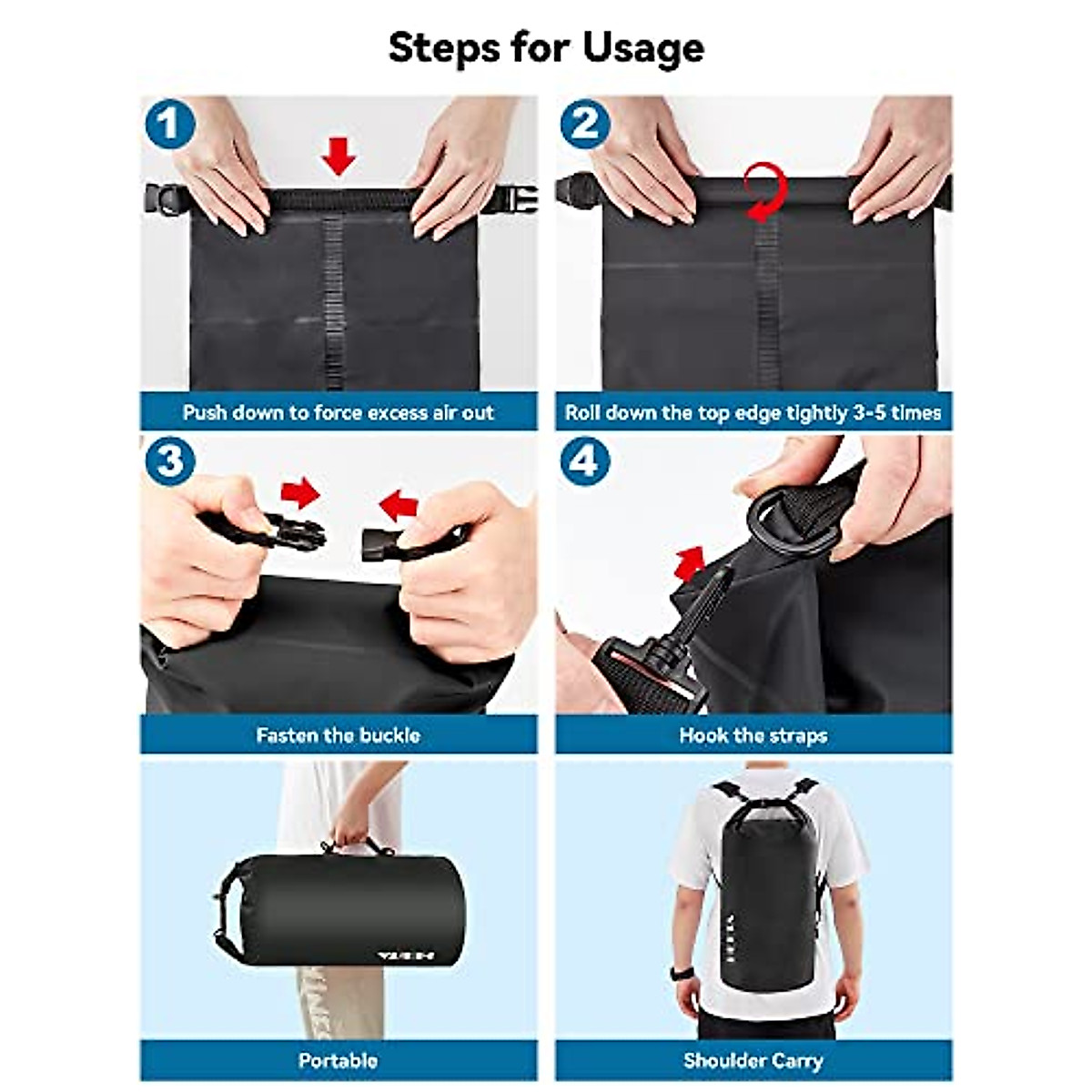 HEETA Waterproof Dry Bag for Women Men (Upgraded Version), Roll Top Lightweight Dry Storage Bag Backpack with Emergency Whistle for Travel, Swimming, Boating, Kayaking, Camping, Beach (Black, 5L)