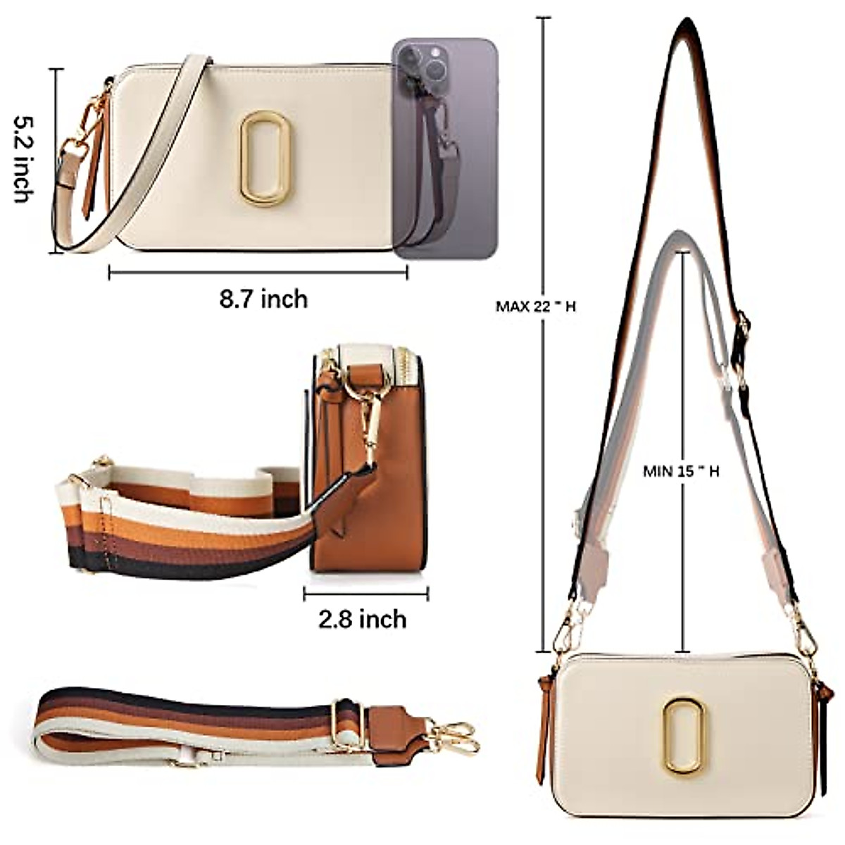 BOSTANTEN Crossbody Bags for Women Leather Snapshot Phone Purses Shoulder Handbags with 2 Adjustable Wide Strap Beige White