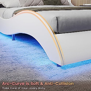 DICTAC King Size Bed Frame with LED Lights Modern King Led Bed Frame with Upholstered Headboard Faux Leather Low Profile Platform Bed Frame Wave Like Curve Bed Frame,No Box Spring Needed,White