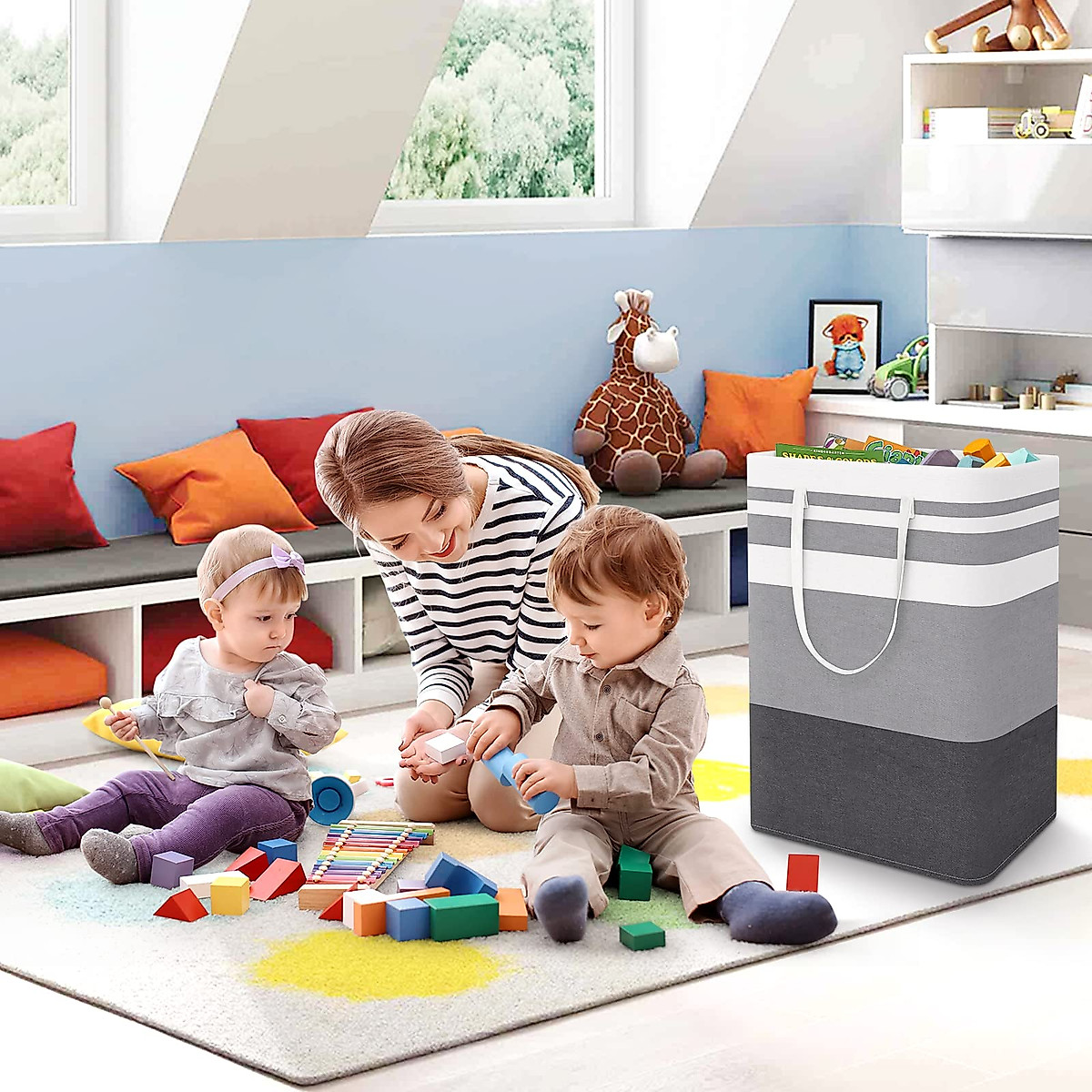 StorageRight Laundry Basket Hamper Large Collapsible Laundry Hamper with Easy Carry Handles，Freestanding Clothes Hampers for Laundry, Bedroom, Dorm, Clothes, Towels, Toys, 75L, Gradient Grey