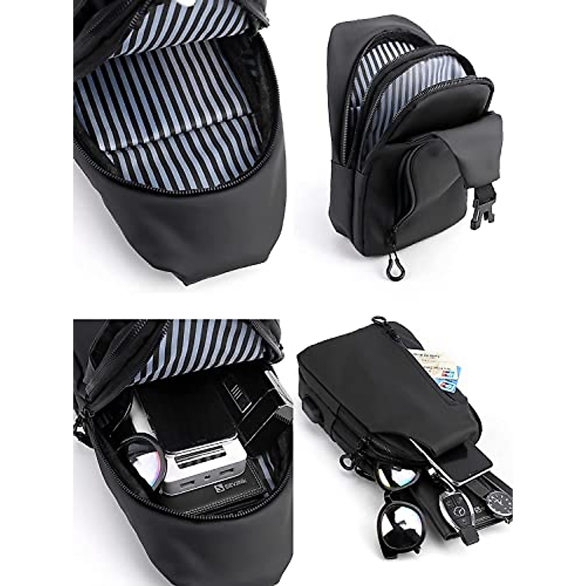 Small Sling Black Crossbody Backpack Shoulder Bag for Men Women, Lightweight One Strap Backpack Sling Bag Backpack for Hiking Walking Biking Travel Cycling USB Charger Port