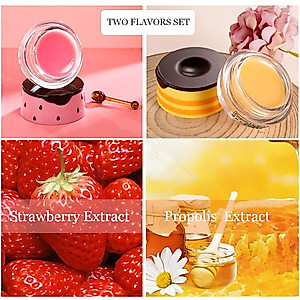 Bee Lip Balm Honey Pot, 2 PCS Strawberry & Honey Hydrating Prevention Dry and Cracked Lip Scrubs Exfoliator, Propolis Moisturizing Lip Sleep Mask Reduces Lip Lines, Lip Exfoliating Honey Bee Lip Mask