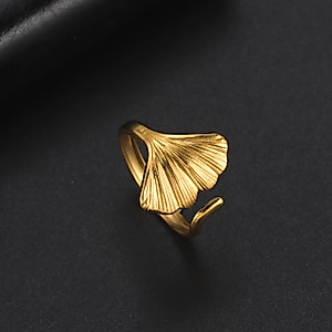 TEAMER Stainless Steel Ginkgo Leaf Finger Rings Adjustable Bohemian Ring Mother‘s Day Jewelry for Women (Gold)