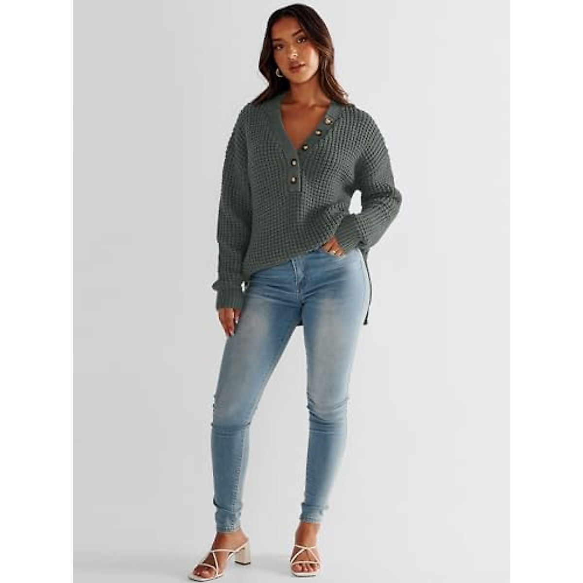 ANRABESS Womens Oversized Sweater Long Sleeve Loose V Neck Button Jumper Casual Waffle Side Slit Knit Pullover 2024 Clothes X-Large Gray Green
