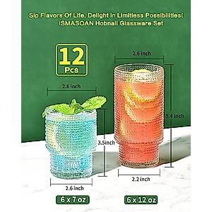 ISMASOAN Hobnail Drinking Glasses Set of 12,Glass Cups 12 oz and 7 oz,Hobnail Glassware,Vintage Glassware,Romantic Water Glasse,Drinking Glasses,Collins Glasses