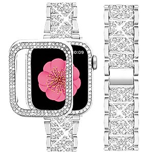 SUPOIX Compatible with Apple Watch Band 38mm + Case, Women Jewelry Bling Diamond Metal Strap & 2 Pack Protective Cover Cases for iWatch Series 3/2/1(Silver/38mm)